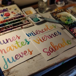 Spanish Days of the Week Hand Written Watercolor Lettering Rainbow ...