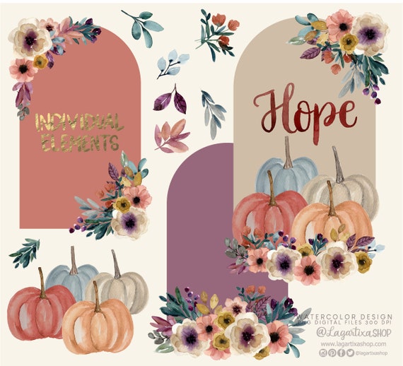 Arch Boho Pumpkins Floral Watercolor Wreath Frames Art Clipart - Etsy