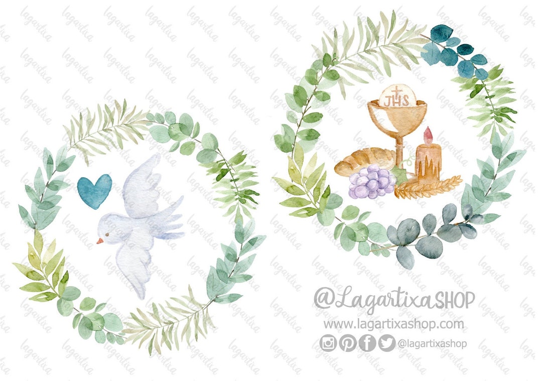 First Holy Communion Watercolor Greenery Leaves Leaves Circle - Etsy España