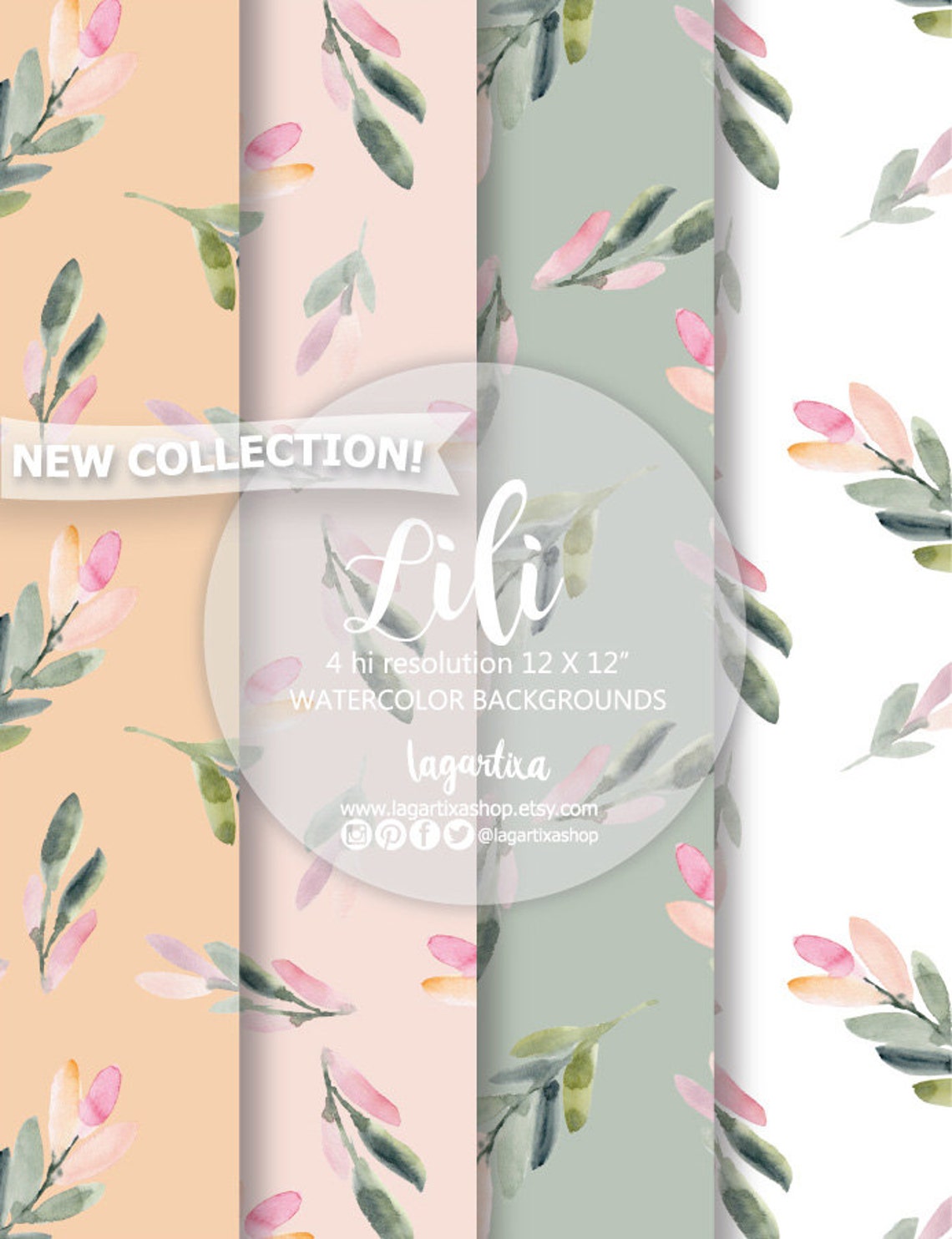 Purple Flowers Digital Papers Patterns Pastel Watercolor | Etsy