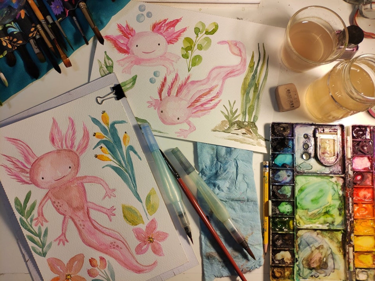 Watercolor Axolotl, Hand Painted PNG Florals Clipart, Plants Aquarium ...