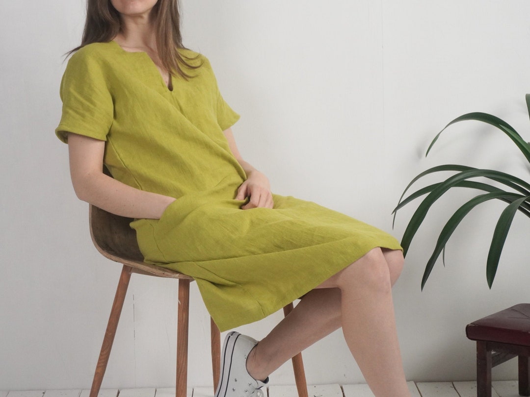 Linen Midi Dress. Linen Dress. Washed Linen Dress. Soft Linen V-neck ...