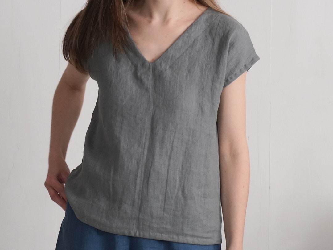 Linen Simple V-neck Top. Soft Linen Top. Washed Linen Blouse. Classic ...
