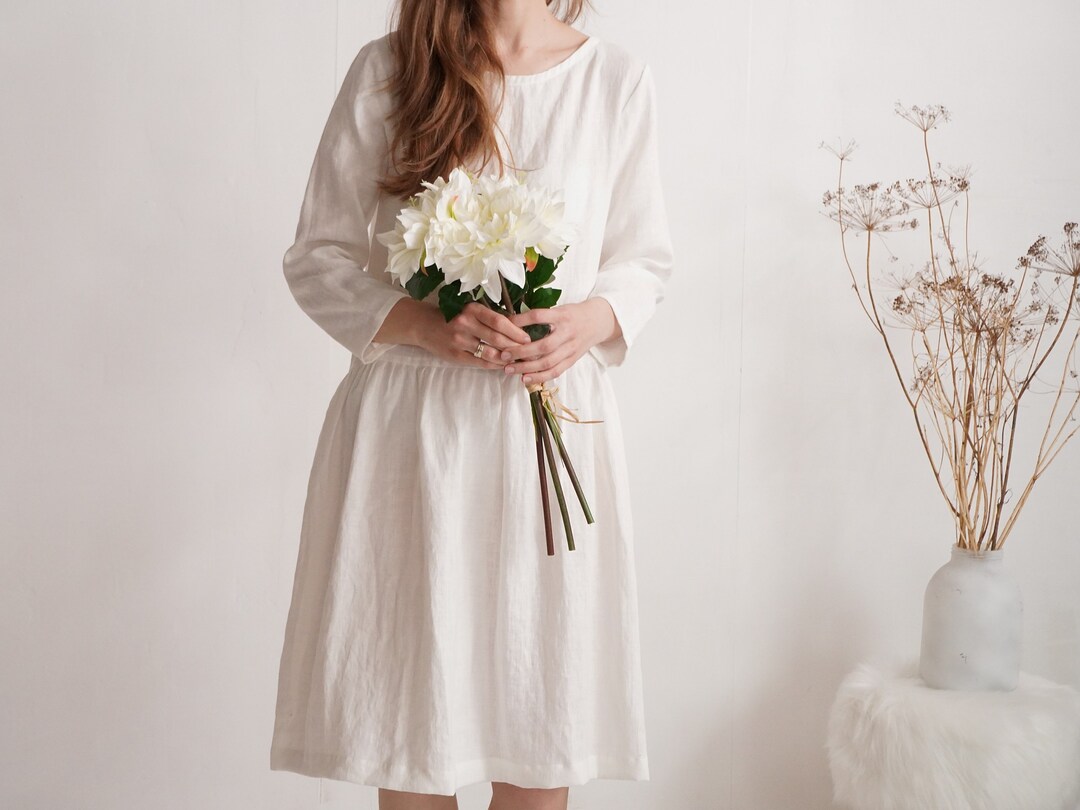 Midi Linen Wedding Dress. Long Sleeve Wedding Dress. Autumn Linen ...