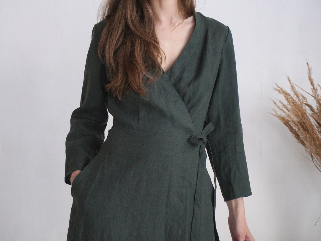 Wrap Linen Dress With Long Sleeves. Midi Wrap Linen Dress. - Etsy