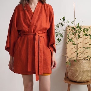 Linen Kimono Robe. Short Linen Robe. Soft Linen Lounge Wear. Washed ...