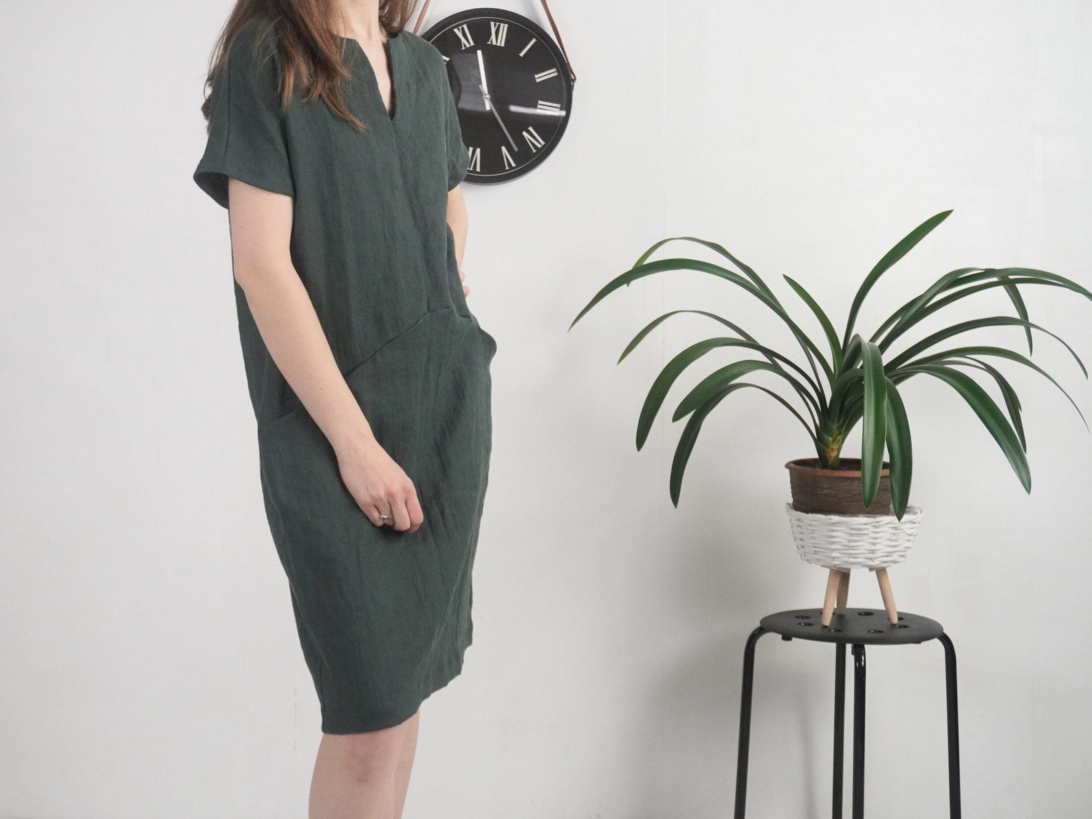 Linen Midi Dress. Linen Dress. Washed Linen Dress. Soft Linen V-neck ...