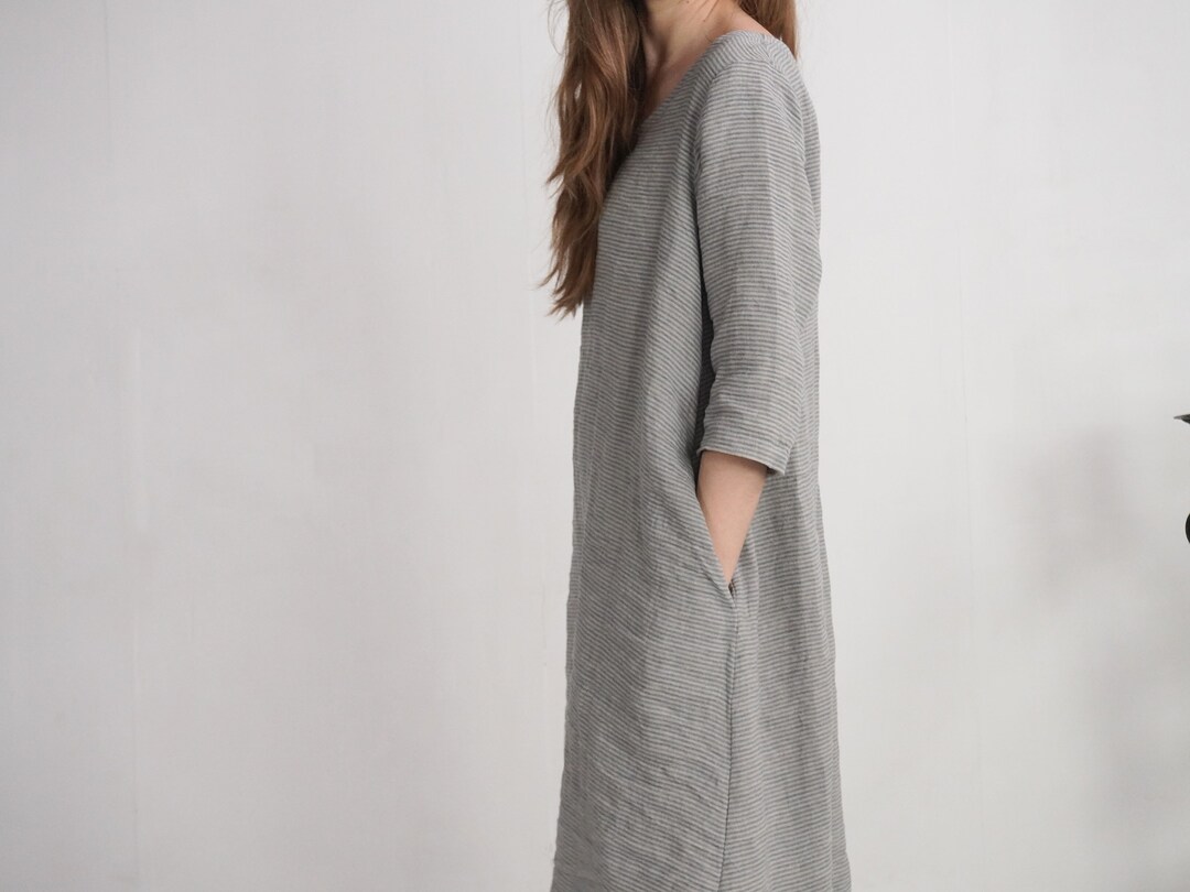 Linen Autumn Dress. Linen Trapeze Dress. Linen Midi Dress With Pockets ...