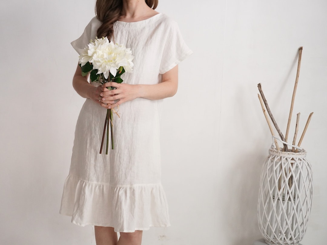 Linen Ruffled Bottom Wedding Dress. Retro Linen Wedding Dress. Ruffle ...