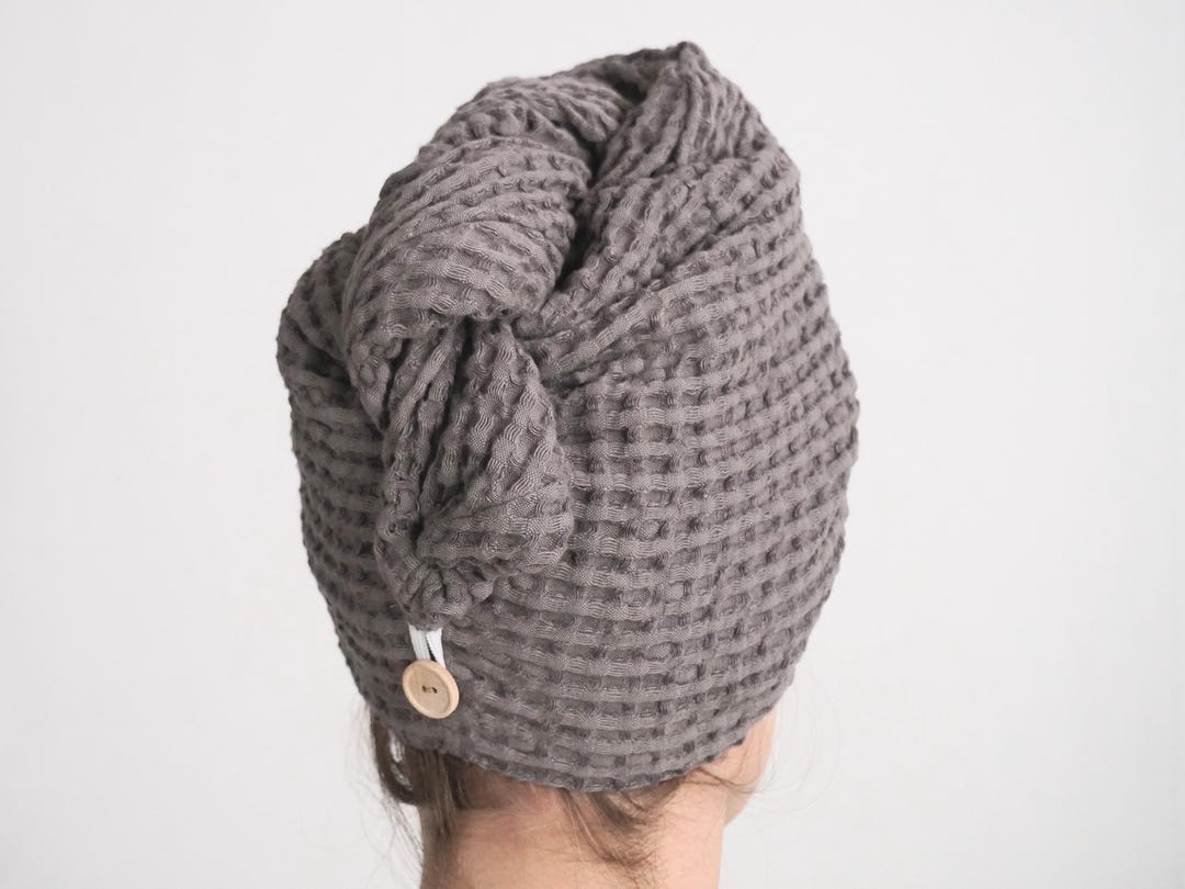 Waffle Linen Head Wrap With Button. Linen Hair Towel. Soft Waffle ...