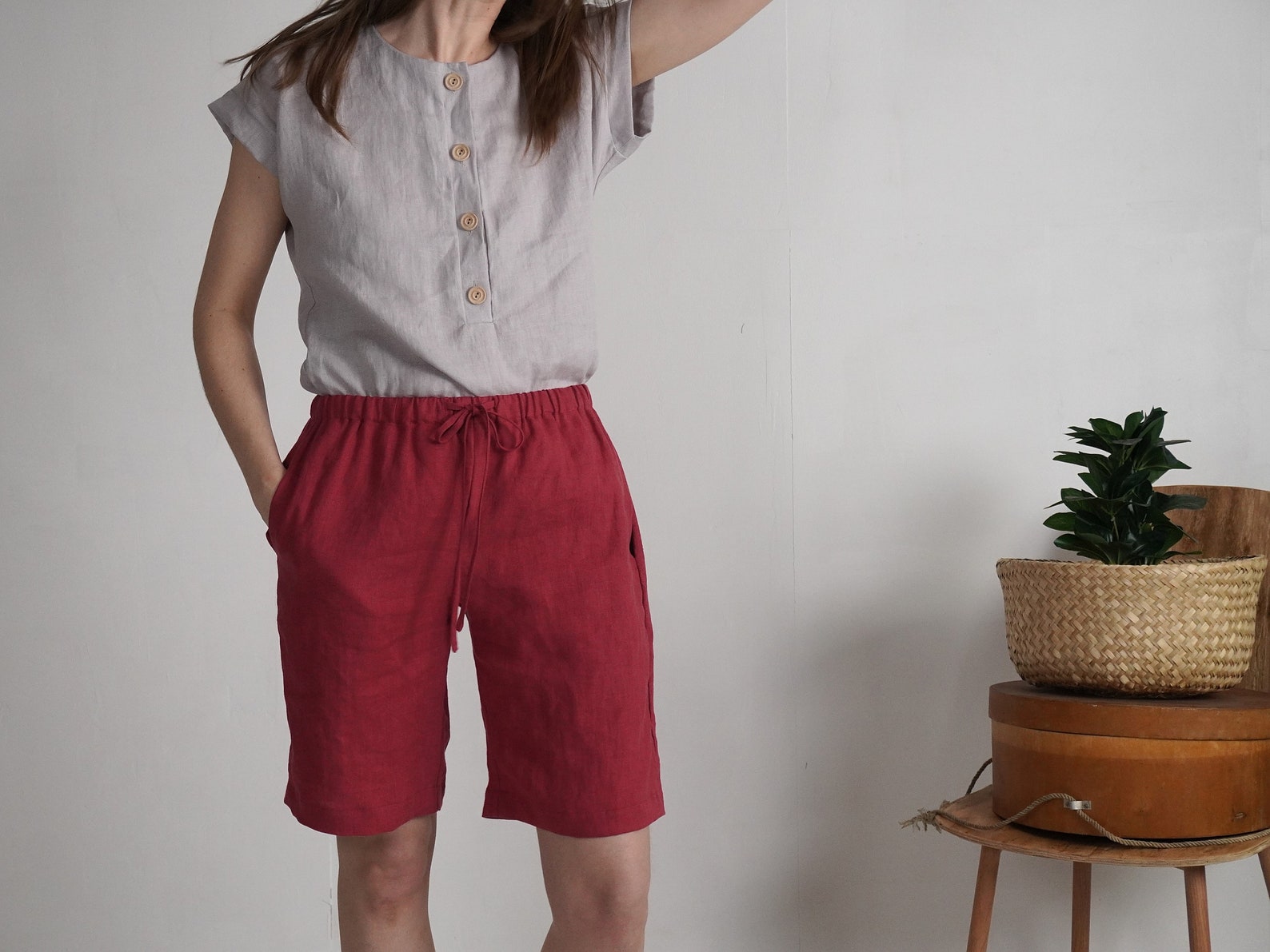 Linen Long Shorts With Pockets. Linen Mom Shorts. Basic Summer - Etsy