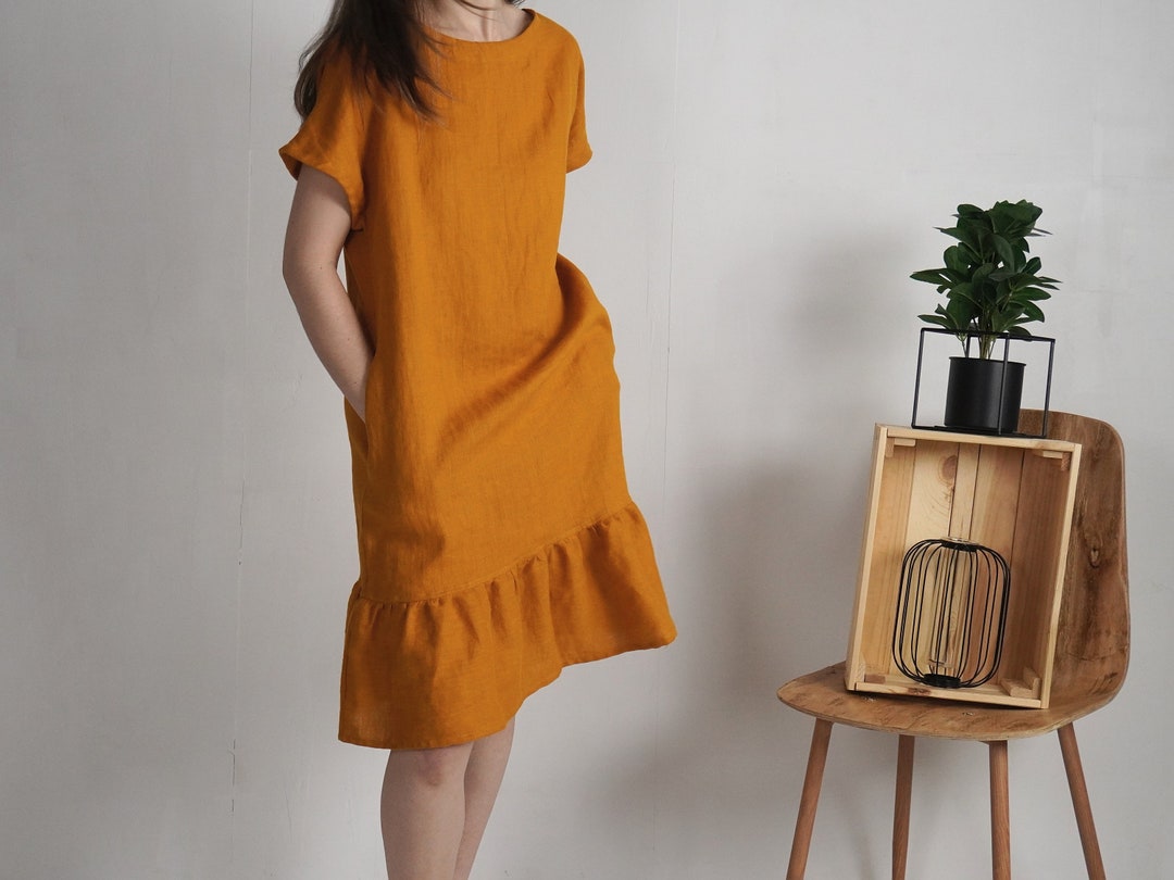Ruffled Dress. Retro Linen Dress. Linen Ruffle Dress. Natural Summer ...
