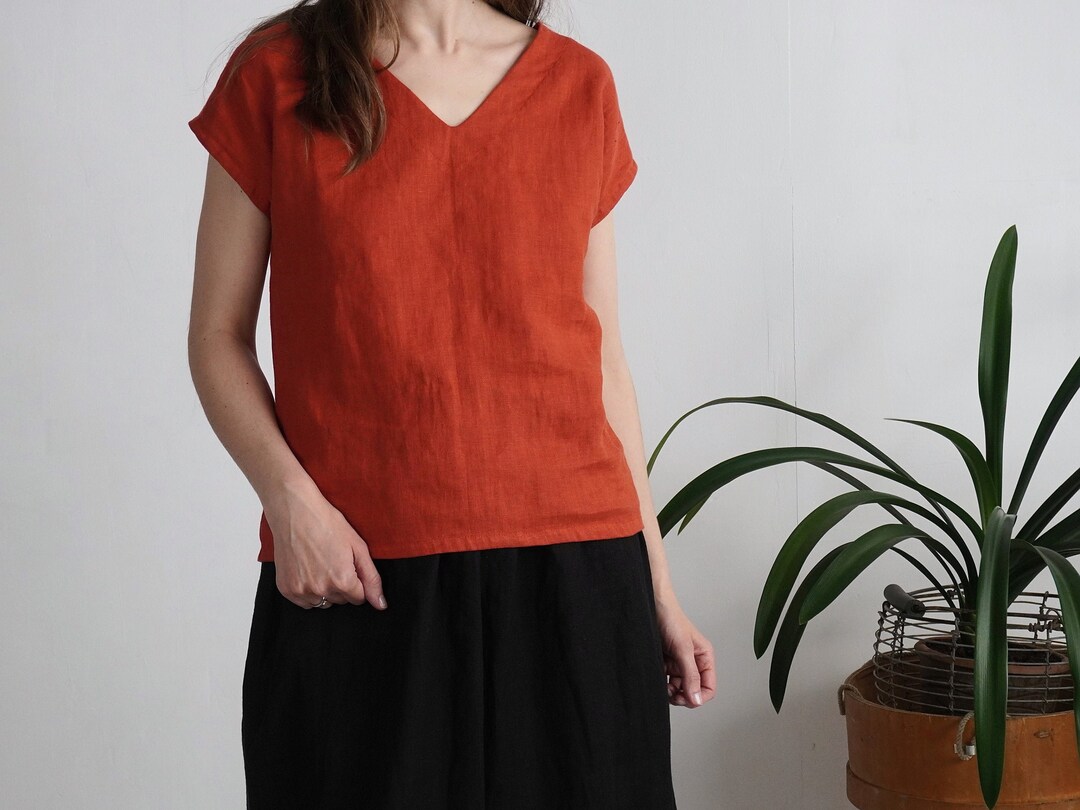 Linen Simple V-neck Top. Soft Linen Top. Washed Linen Blouse. Classic ...