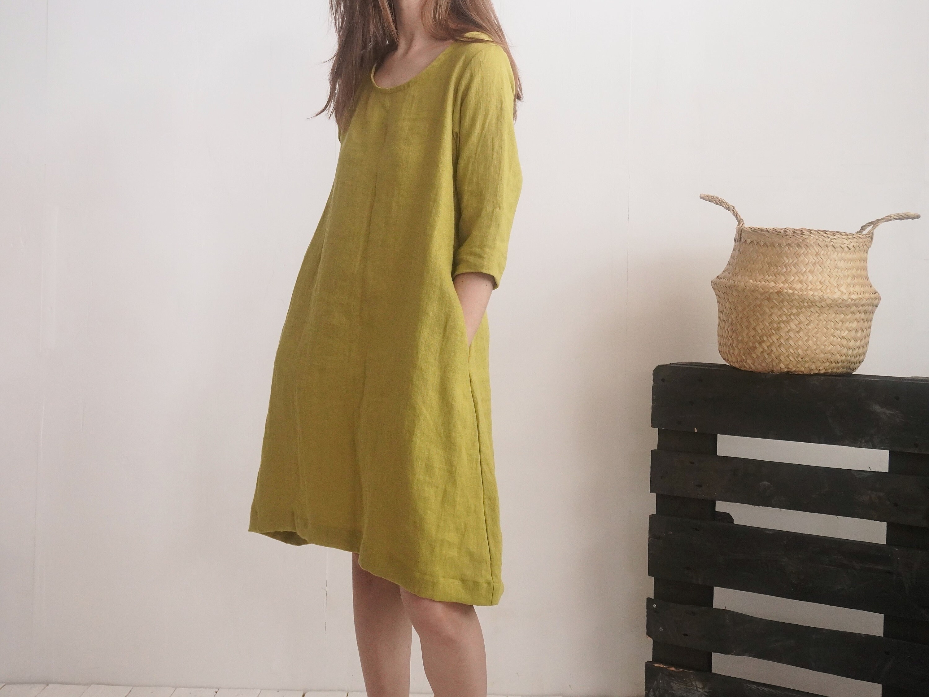 Linen Autumn Dress. Linen Trapeze Dress. Linen Midi Dress With Pockets ...