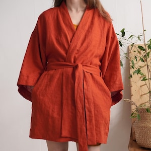 Linen Kimono Robe. Short Linen Robe. Soft Linen Lounge Wear. Washed ...