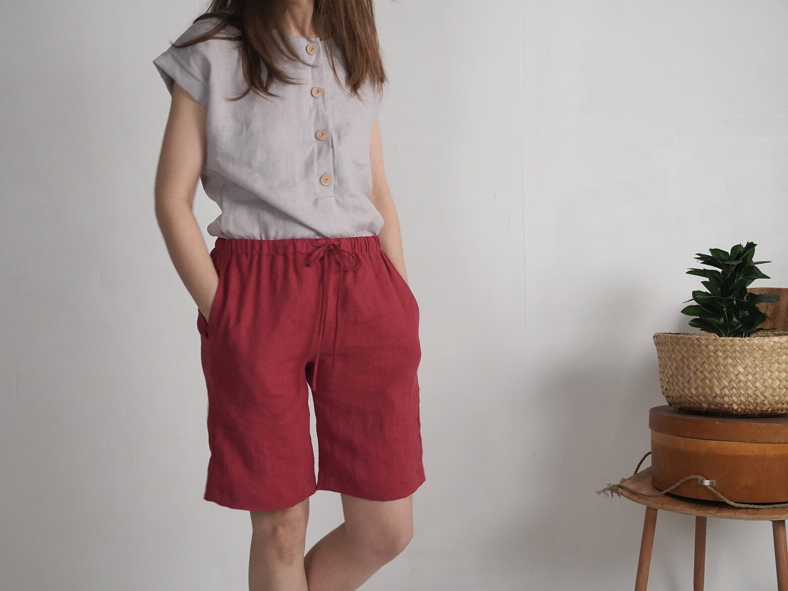 Linen Long Shorts With Pockets. Linen Mom Shorts. Basic Summer Shorts ...