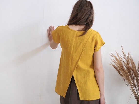 Linen Split Back Blouse. Washed Linen Top. Linen Top With - Etsy