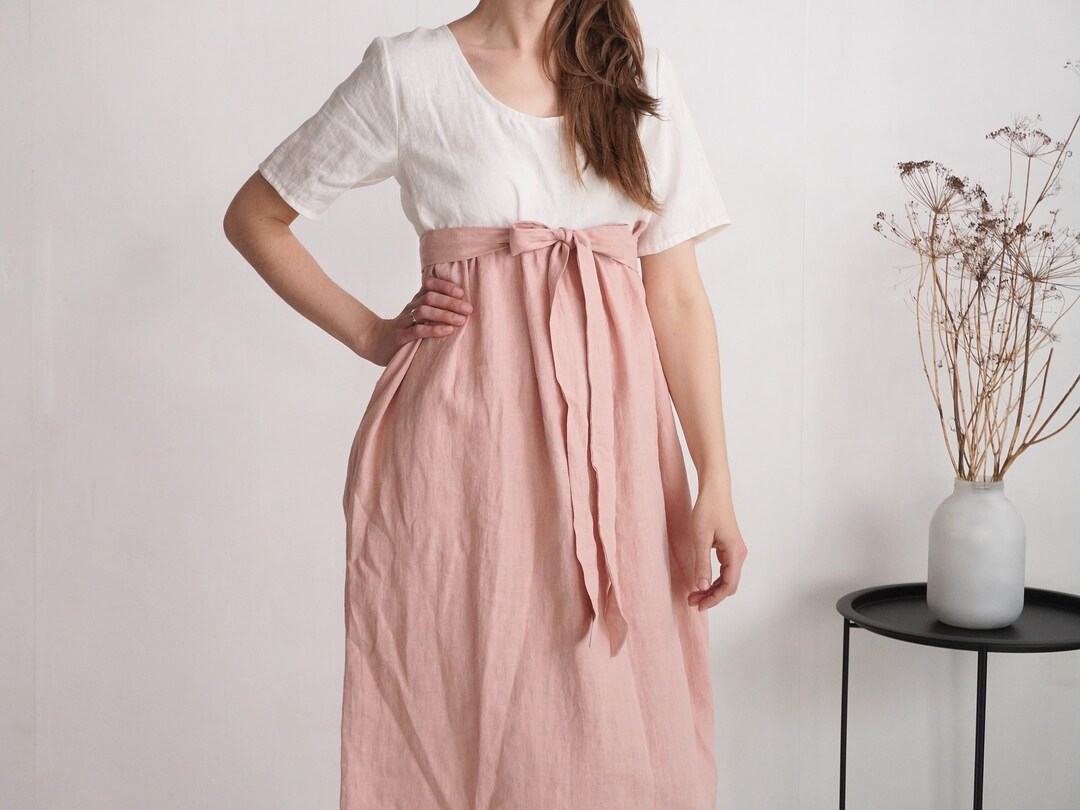Two Toned Linen Dress. Ruffled Linen Dress. Empire Waist Dress. Goddess ...