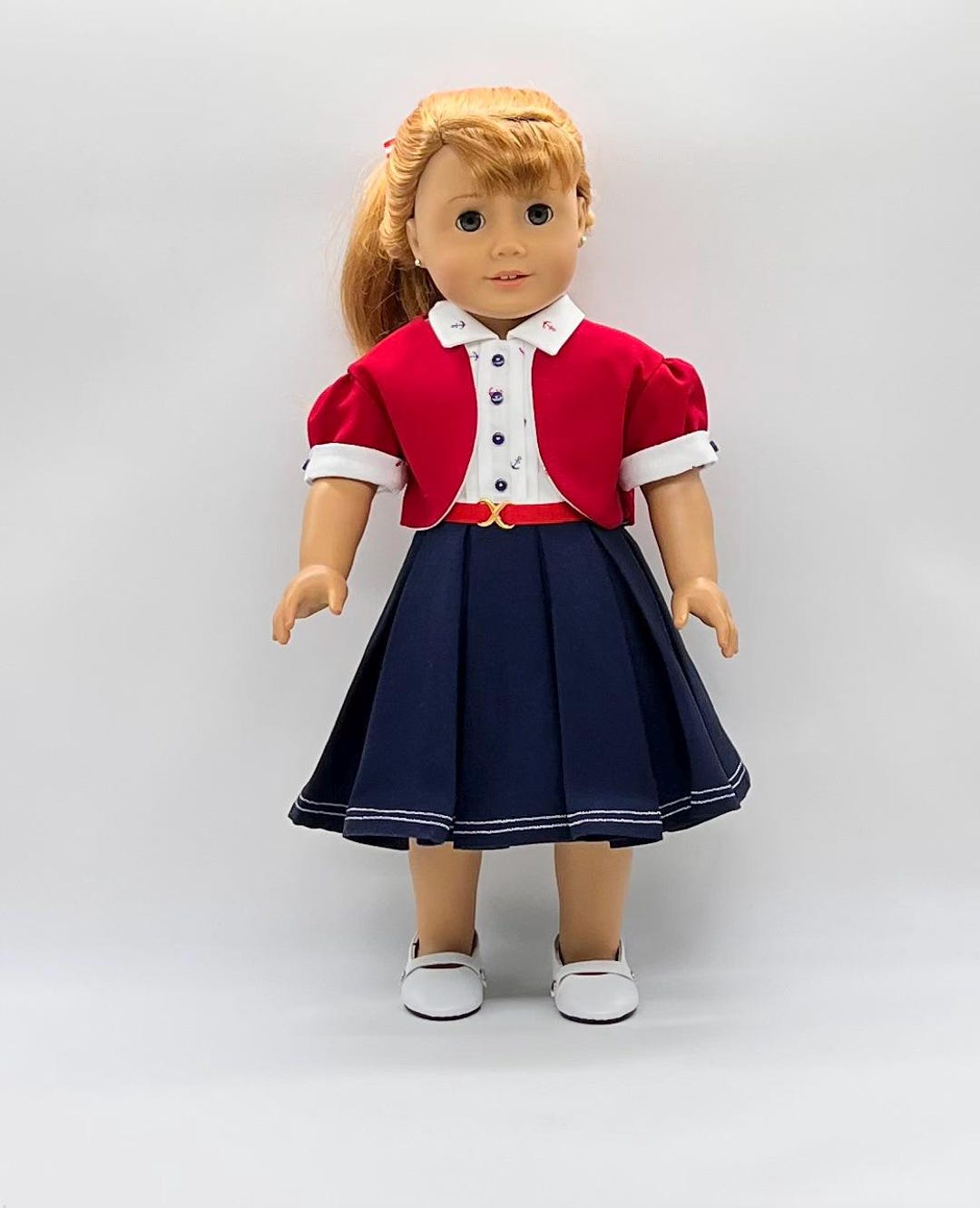 18" Doll Navy and White Anchor Print Dress, White Half-slip, Red Belt ...