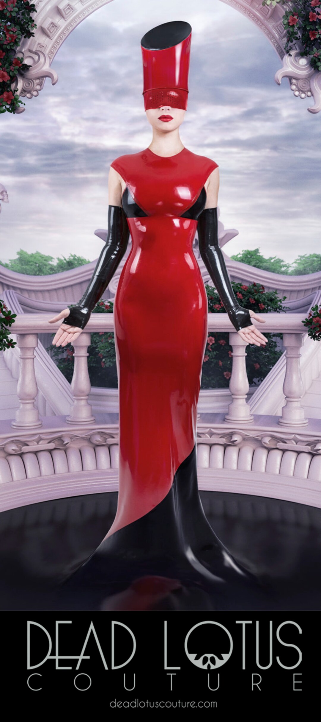 NASHKA Dress Red & Black Latex Long Gown Dress With Translucent Back ...