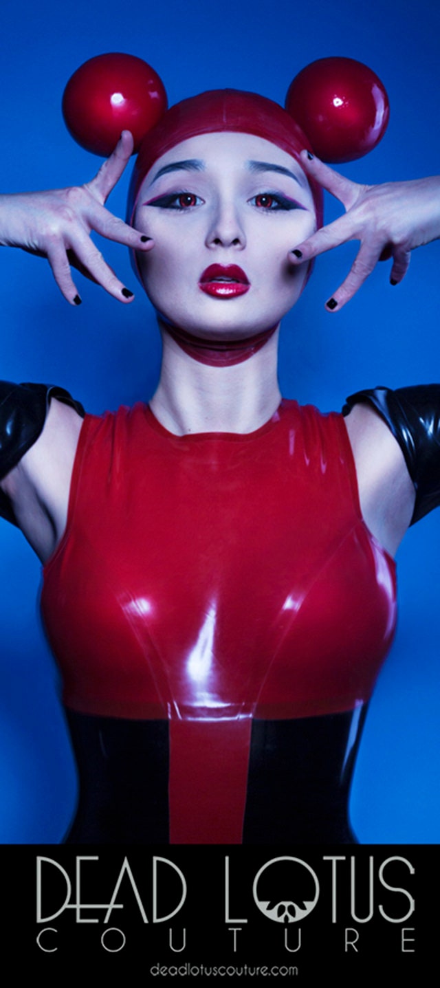MUS Open Face Hood Red Latex Hood With Round Mouse Ears With Optional ...