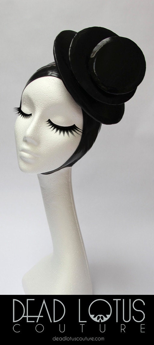 CORDELIA Hood Black Latex Elegant Hood With Fascinator Hat and With ...