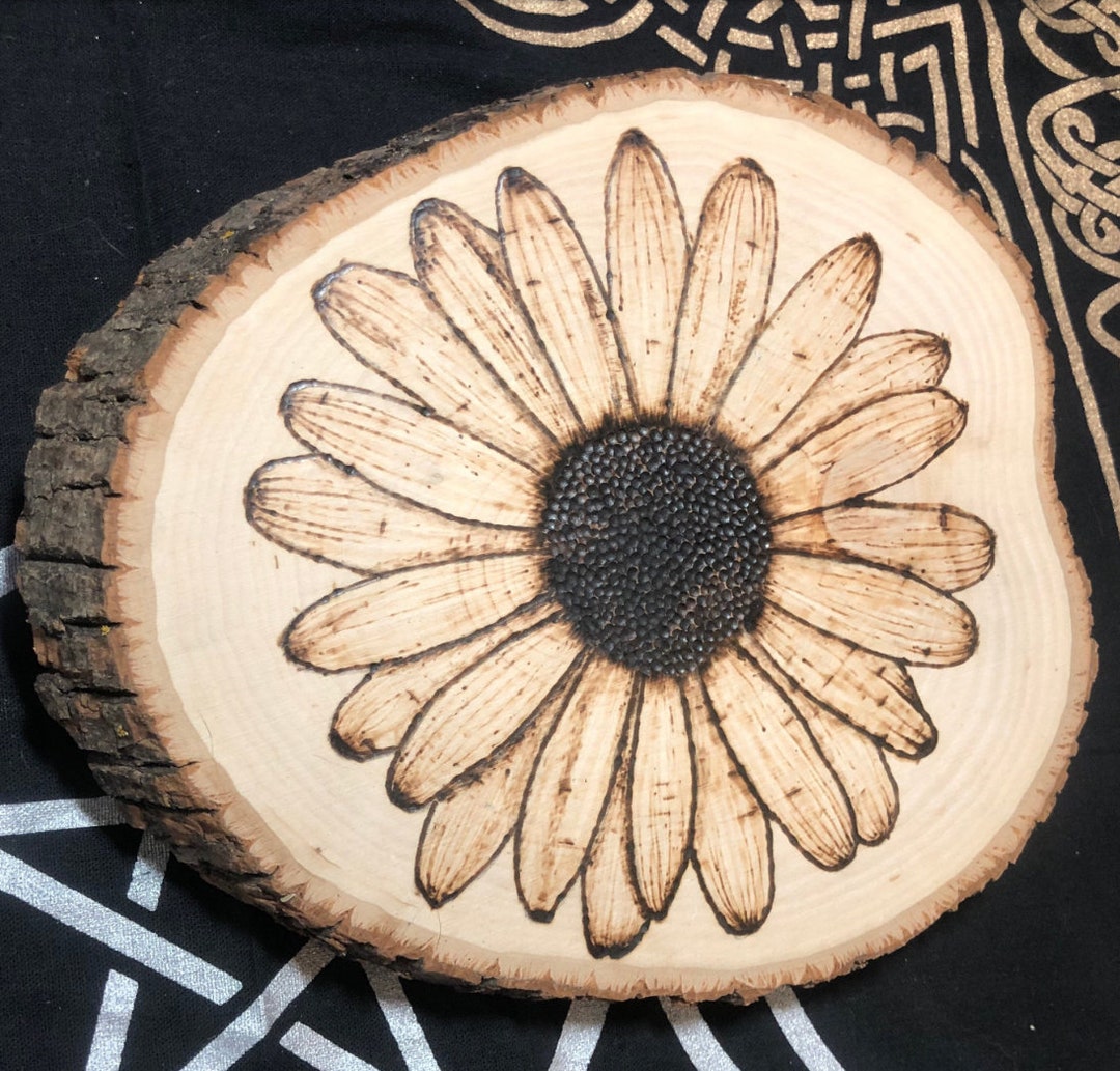 Wood Burning of a Sunflower on Wood Slab-pyrography-litha - Etsy