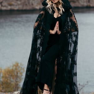 Black Lace Cape - Black Veil - Hooded Black Cape - Halloween Cape ...