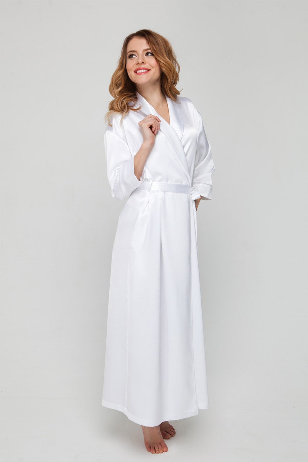 White Long Robe Dressing Gown Women Luxury Bridal Robe Long Satin Robe ...