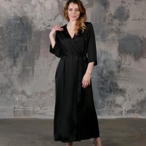 Long Black Robe - Long Robe - Black Satin Robe - Black Bridesmaid Robes ...