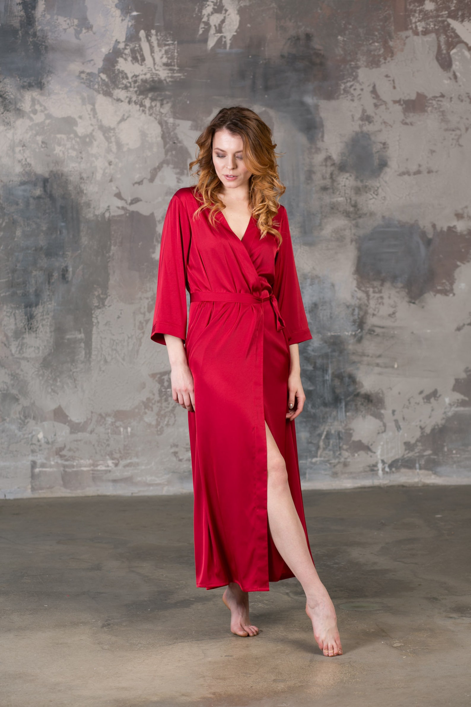 Red Robe Red Dressing Gown Red Satin Robe Red Bridesmaid | Etsy