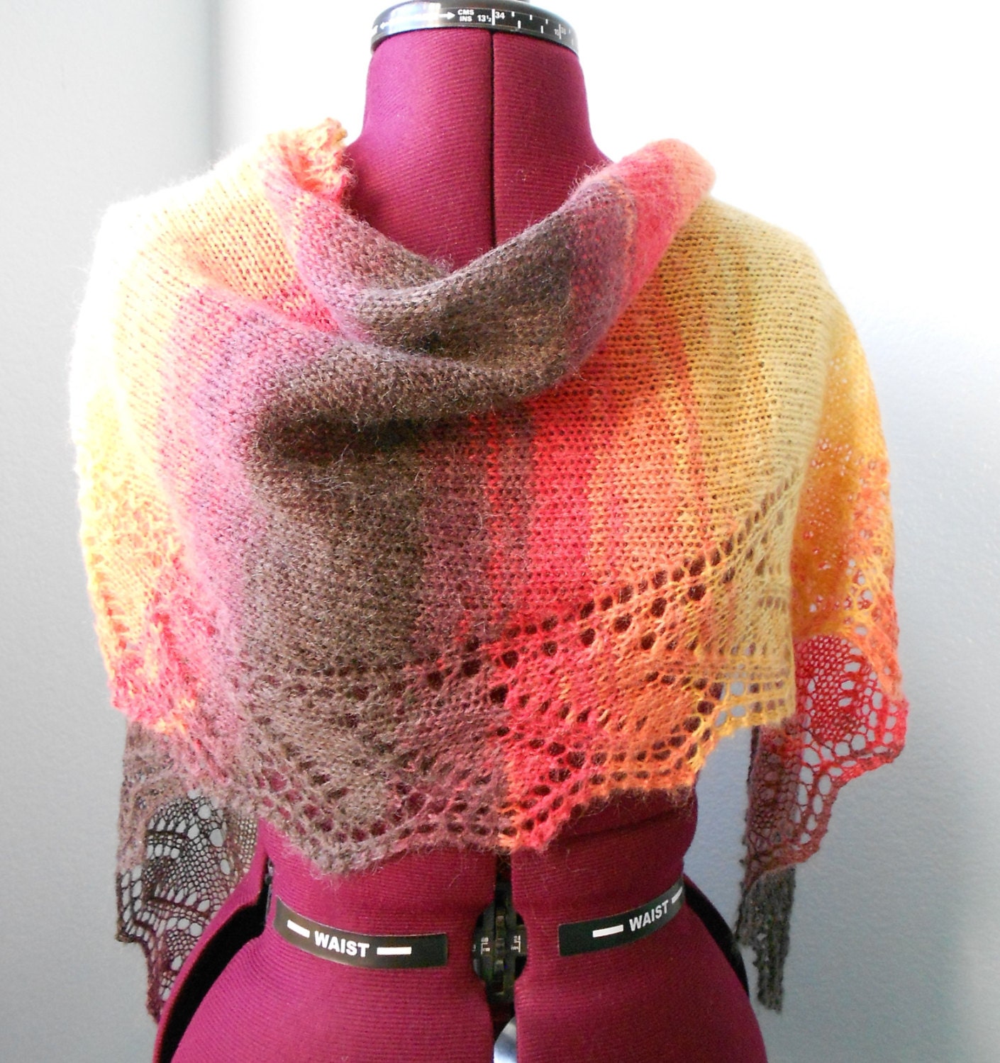 Hand Knitted Tonal Lace Shawl/shawlette/scarf With Leaf Accent - Etsy