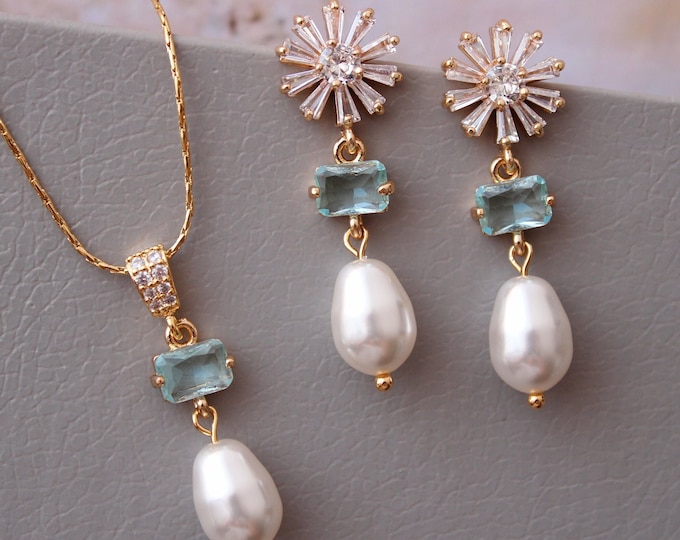 LOUISE // Gold Light Blue Floral Bridal Necklace and Earrings Pearl ...