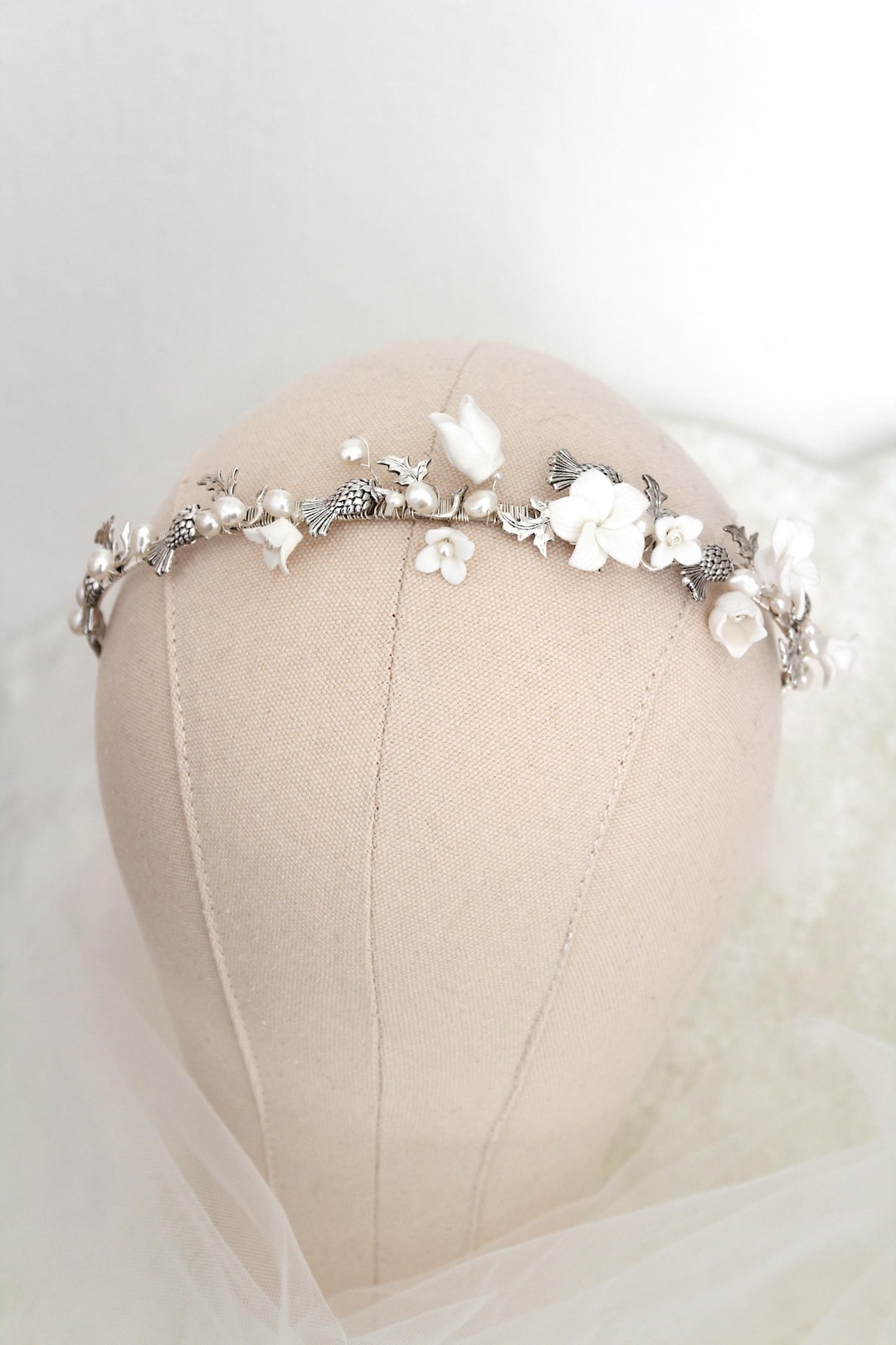 Floral Bridal Tiara: Scottish Thistle Crown, Pearl Wedding Headpiece ...