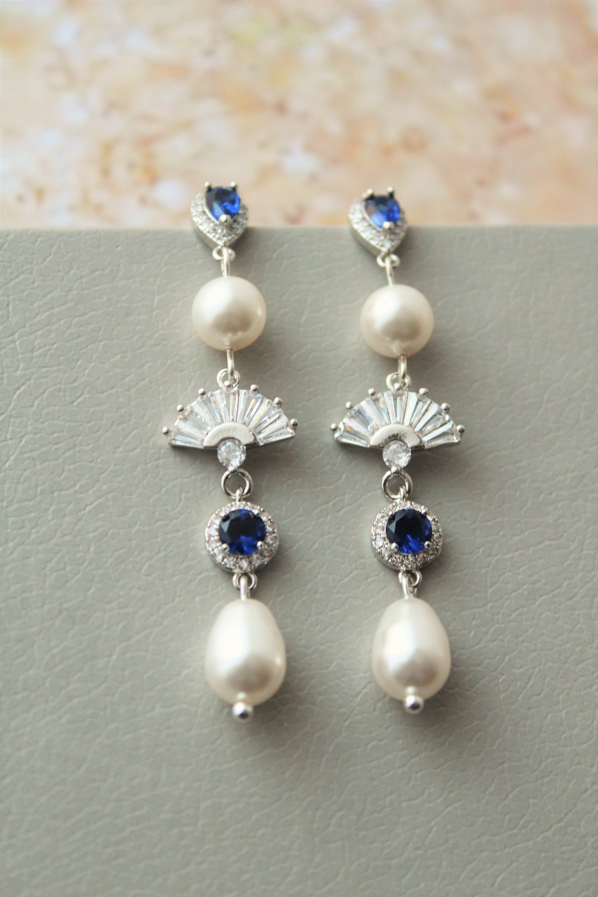 MARGOT // Silver Blue Wedding Earrings Pearl Drop Fan Earrings - Etsy UK