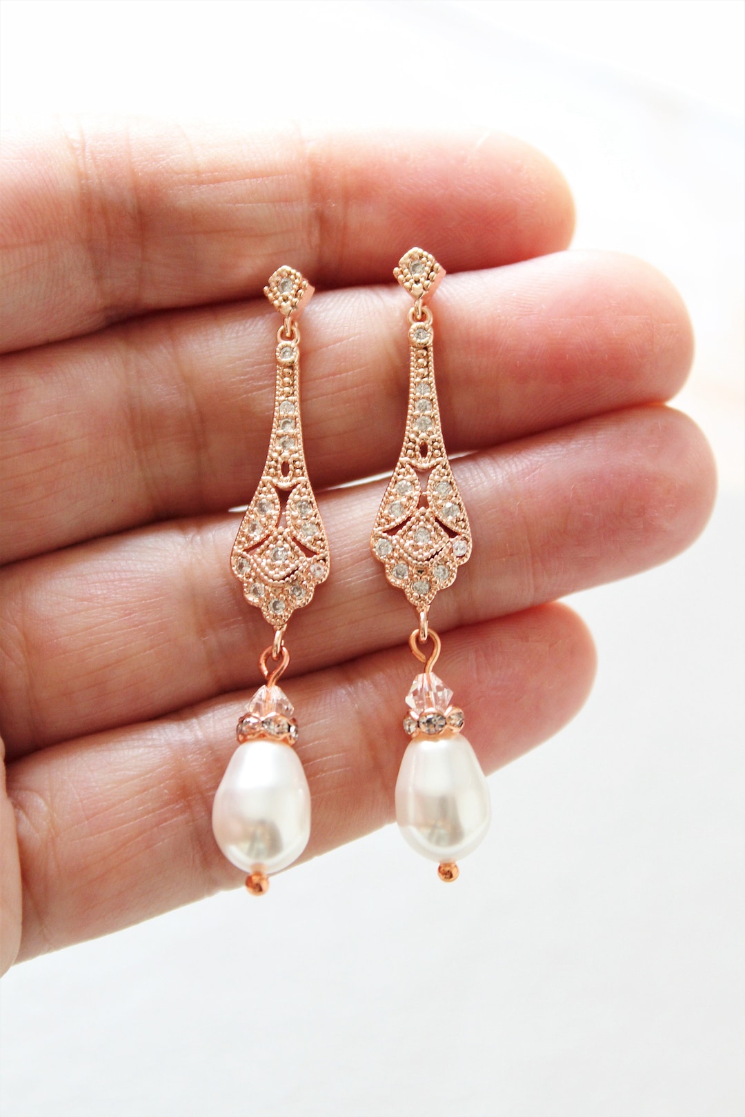 TALIA // Rose Gold Pink Bridal Earrings, Art Deco Earrings, Dangle ...