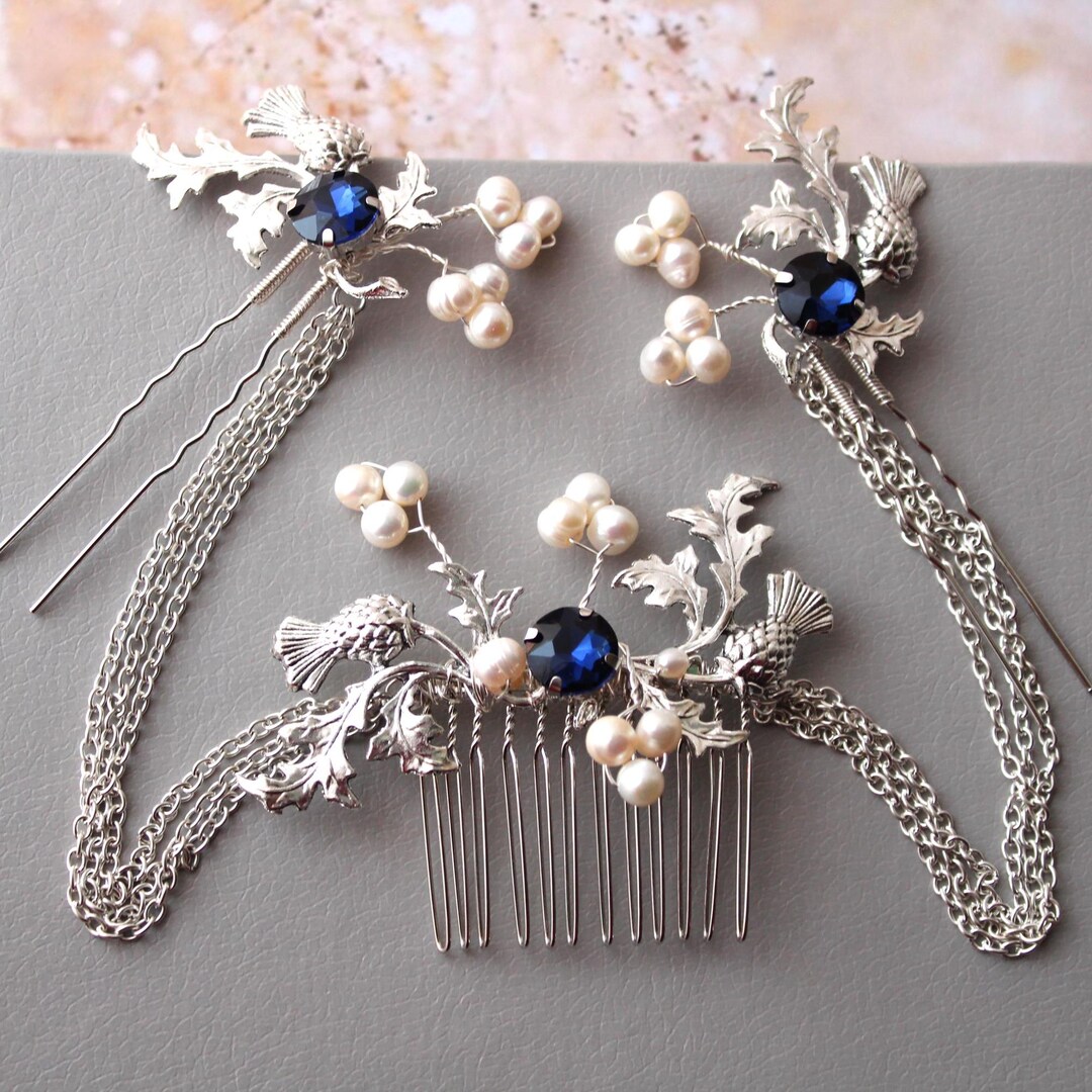 Silver Thistle Bridal Hair Chain Comb: Dark Blue Crystal, Pearl Wedding ...