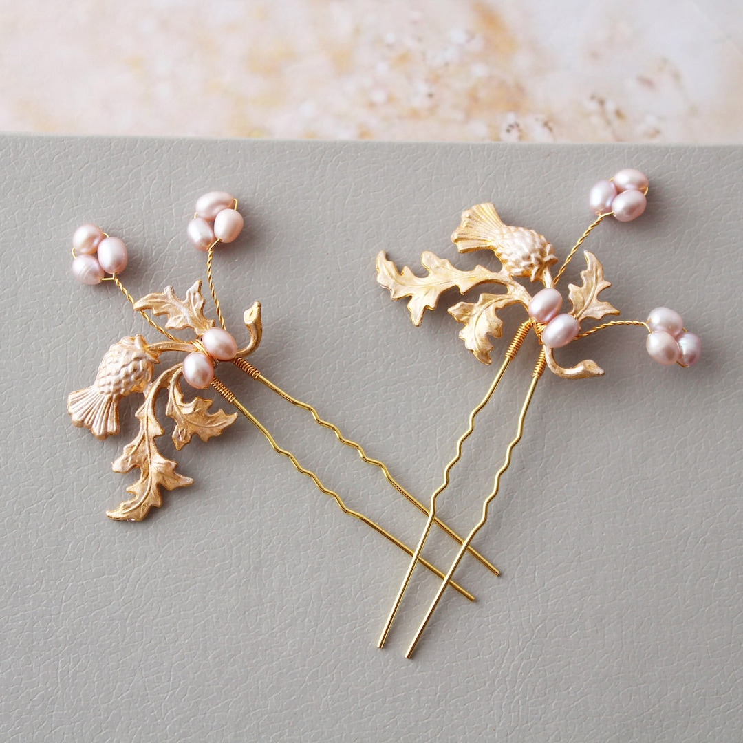 LUNA // Gold Pink Mauve Scottish Thistle Hair Pins Wedding Hair Pin ...
