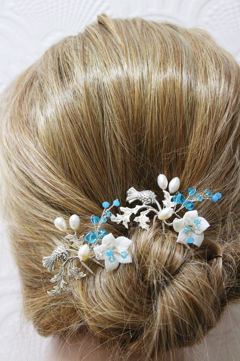 ORLA // Silver Blue Scottish Thistle Hair Pins, Bridal Hair Pins ...