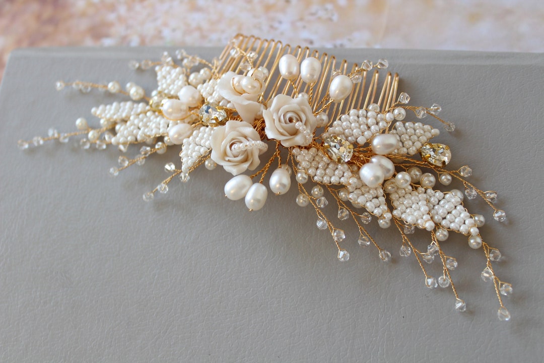 MOLLY // Gold Wedding Hair Comb Bridal Hair Comb Rose Leaf - Etsy