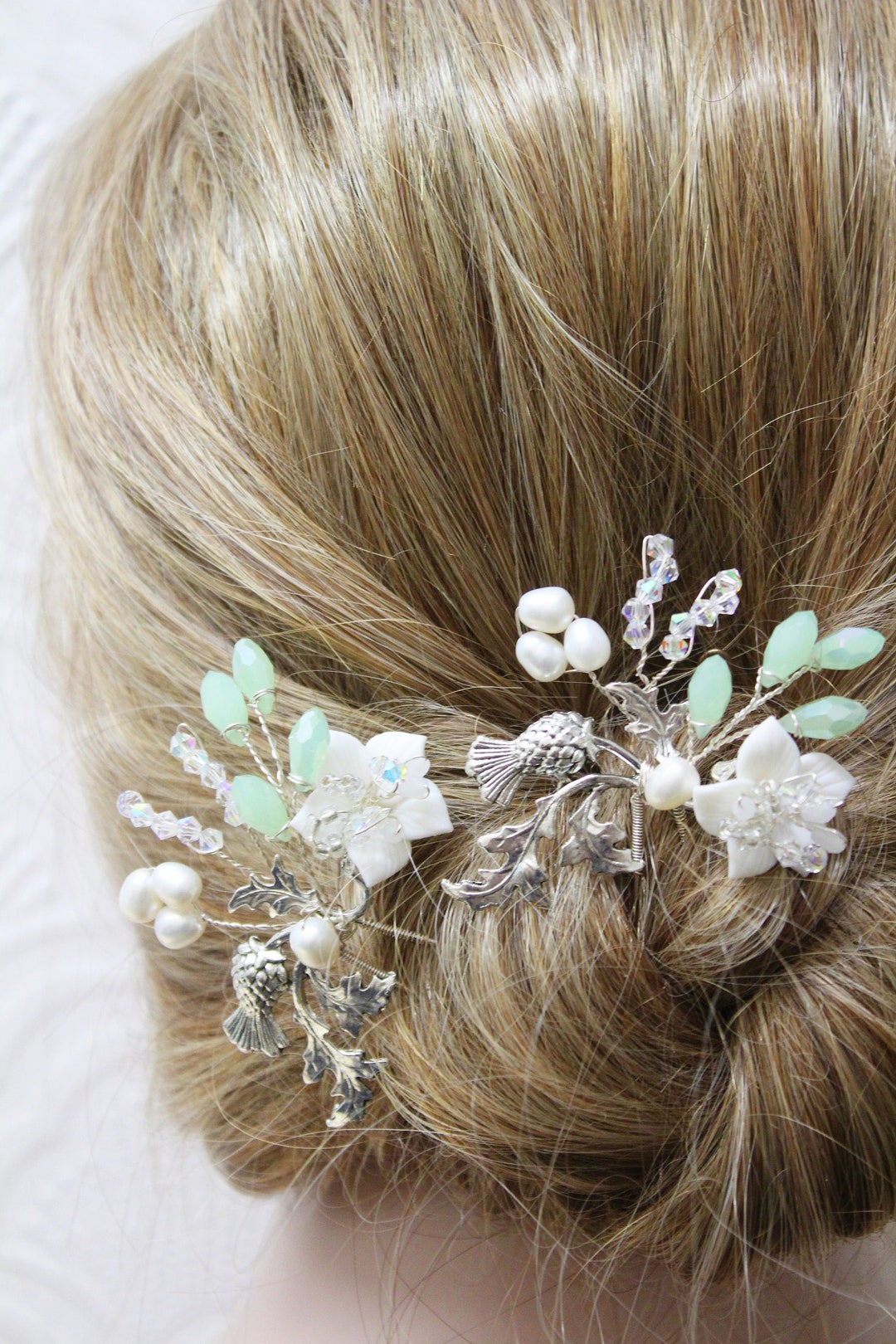 ELEANOR // Silver Green Scottish Thistle Hair Pins, Bridesmaid Hair ...