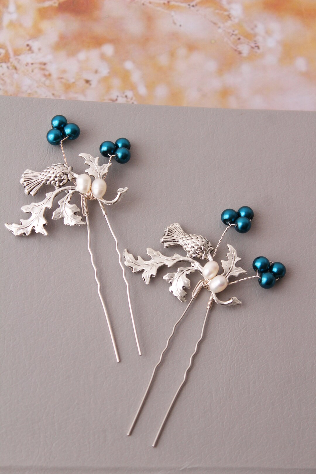 LUNA // Silver Teal Scottish Thistle Hair Pins Wedding Hair - Etsy