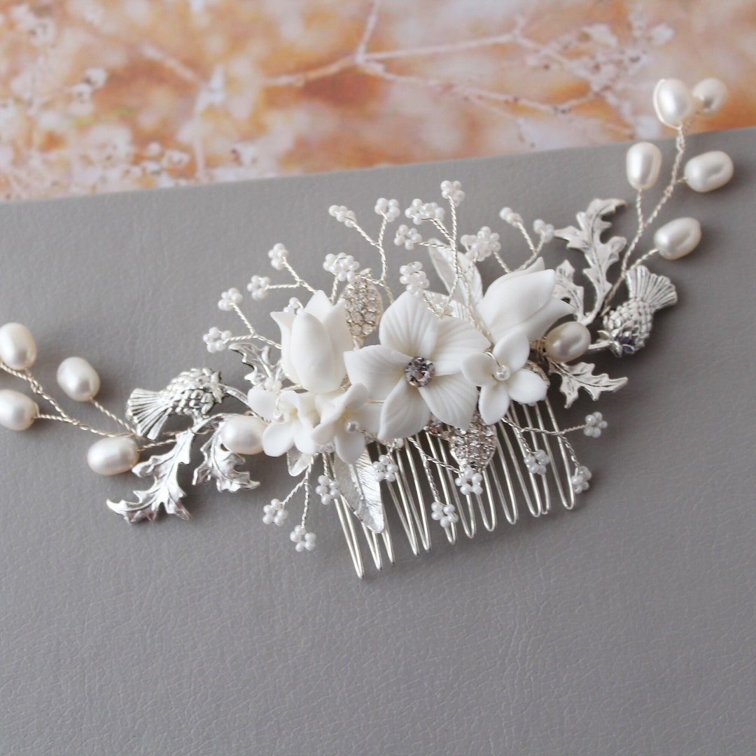 AMELIA // Silver Scottish Thistle Hair Comb Hair Piece Floral Hair ...