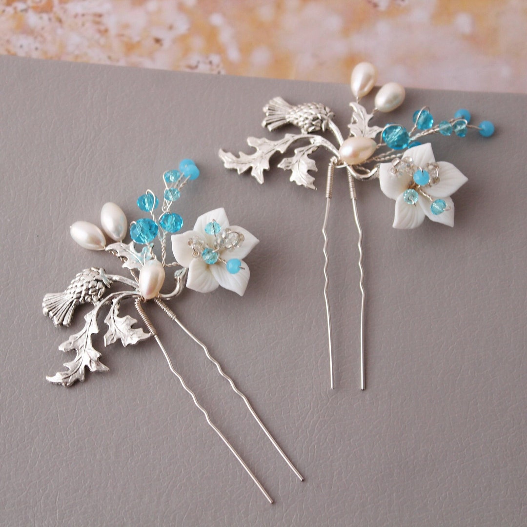 ORLA // Silver Blue Scottish Thistle Hair Pins, Bridal Hair Pins ...