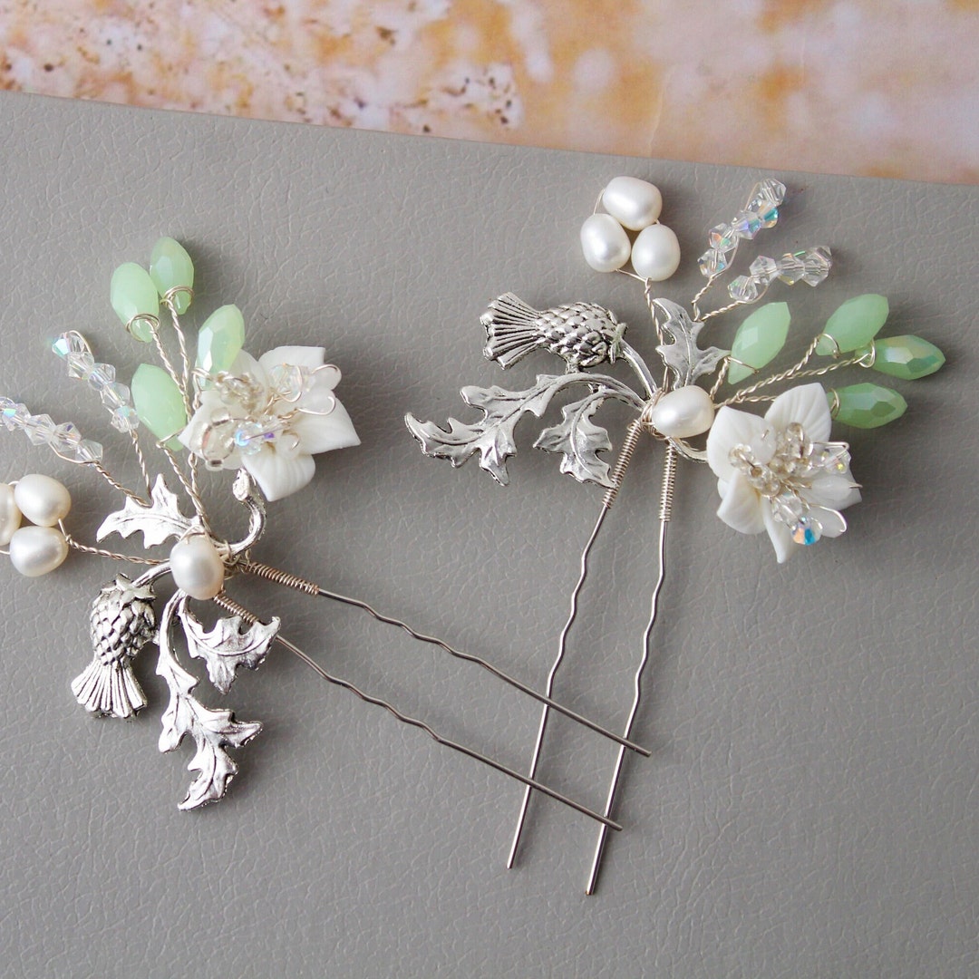 ELEANOR // Silver Green Scottish Thistle Hair Pins, Bridesmaid Hair ...