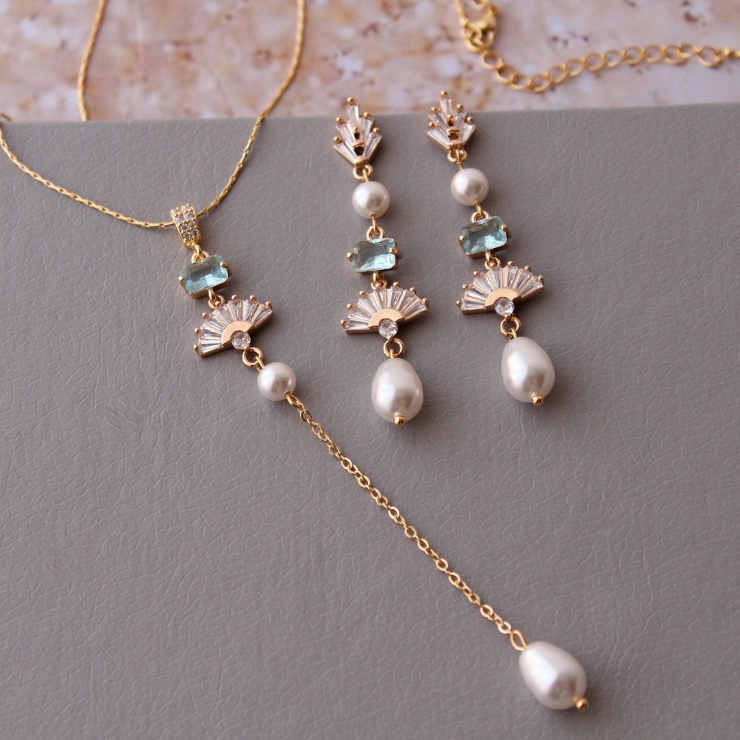 Gold Fan Bridal Jewellery Set: Something Blue Pearl Lariat Necklace ...