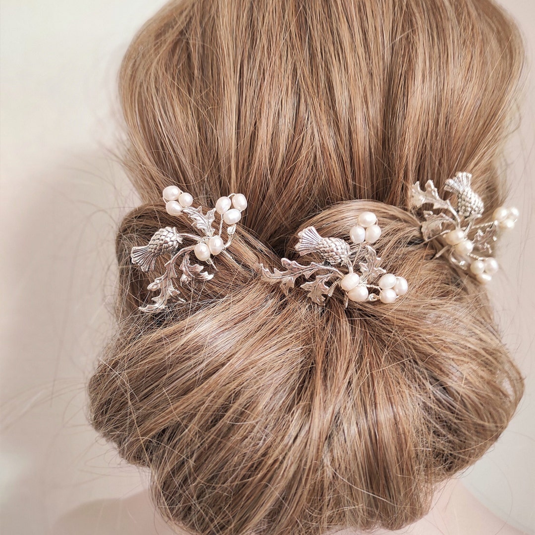 LUNA// Silver Scottish Thistle Hair Pins, Wedding Hair Pins, Floral ...