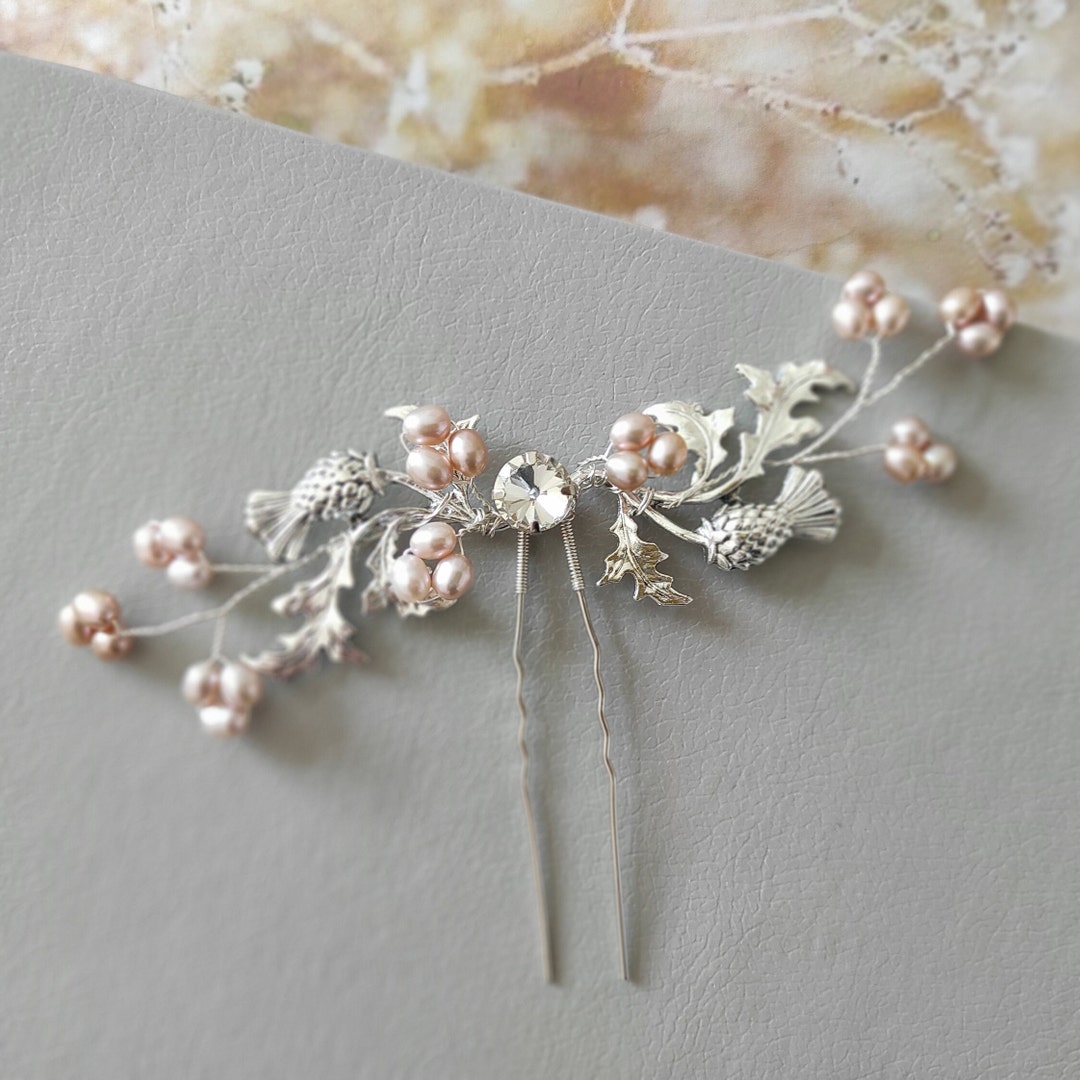 EMILY // Silver Blush Scottish Thistle Hair Pin Pink Bridal Hair Pin ...