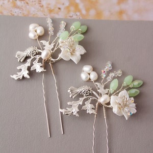 ELEANOR // Silver Green Scottish Thistle Hair Pins, Bridesmaid Hair ...