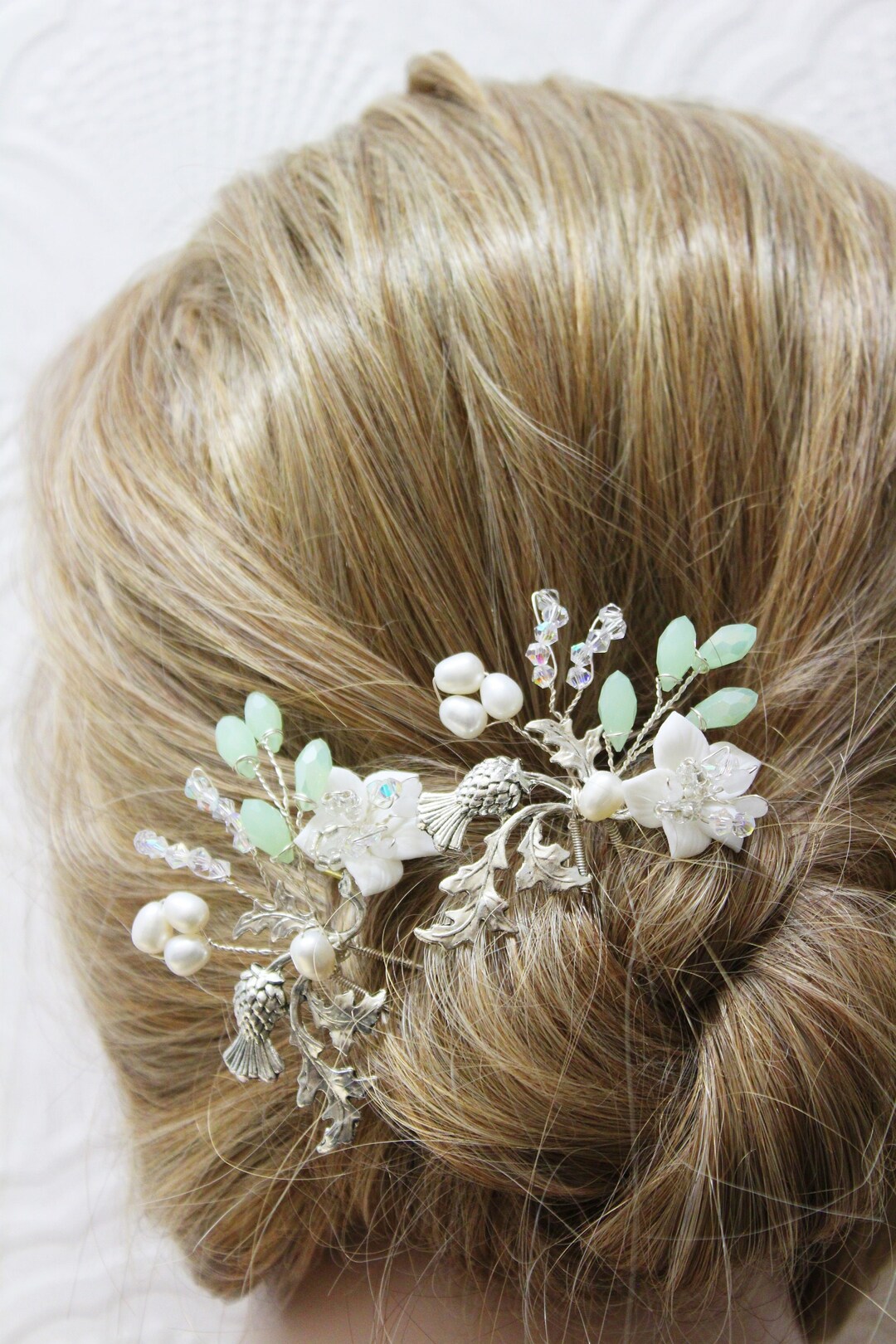 ELEANOR // Silver Green Scottish Thistle Hair Pins Bridesmaid - Etsy